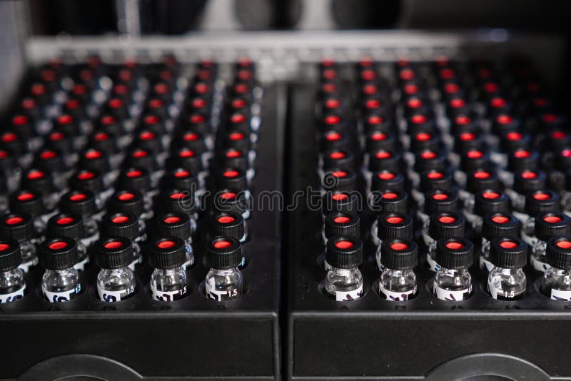HPLC Glass Vials with Black Caps are Positioned in the Autosampler ...