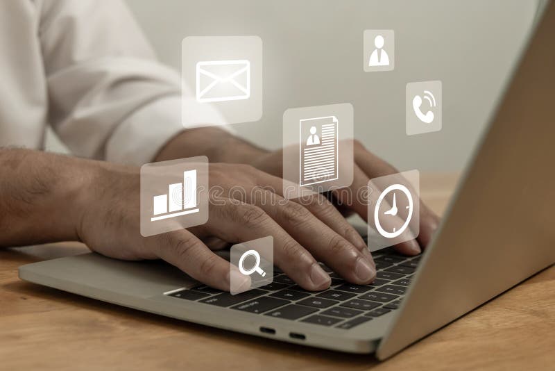 HR Administration Working on Laptop Computer with Virtual Graphic ...