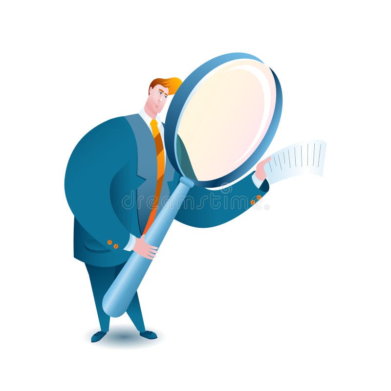 HR Manager Uses a Magnifying Glass To View Various Documents. Stock ...