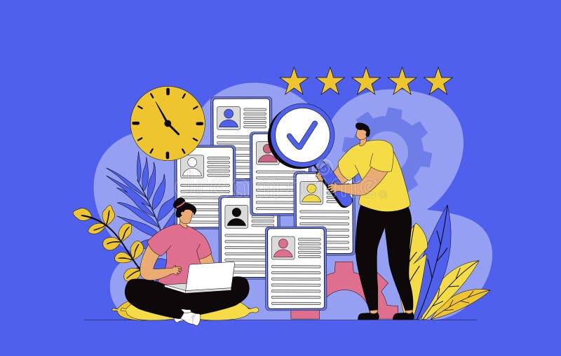 HR Process Concept with Modern Flat Design for Web. Woman and Man Choosing Resume of Best ...