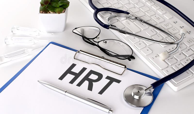 HRT Text on White Paper on White Background. Stethoscope ,glasses and ...