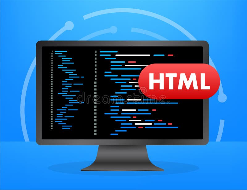 Computer Monitor Showing Html Programming Code on Blue Background Stock Illustration ...