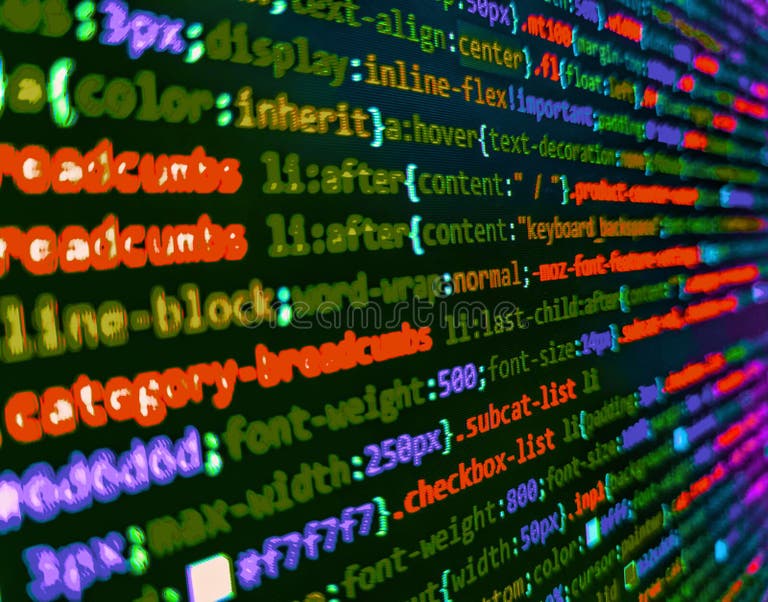Html Css3 Source Code On Lcd Screen With Black Background Monitor Closeup Of Function Source