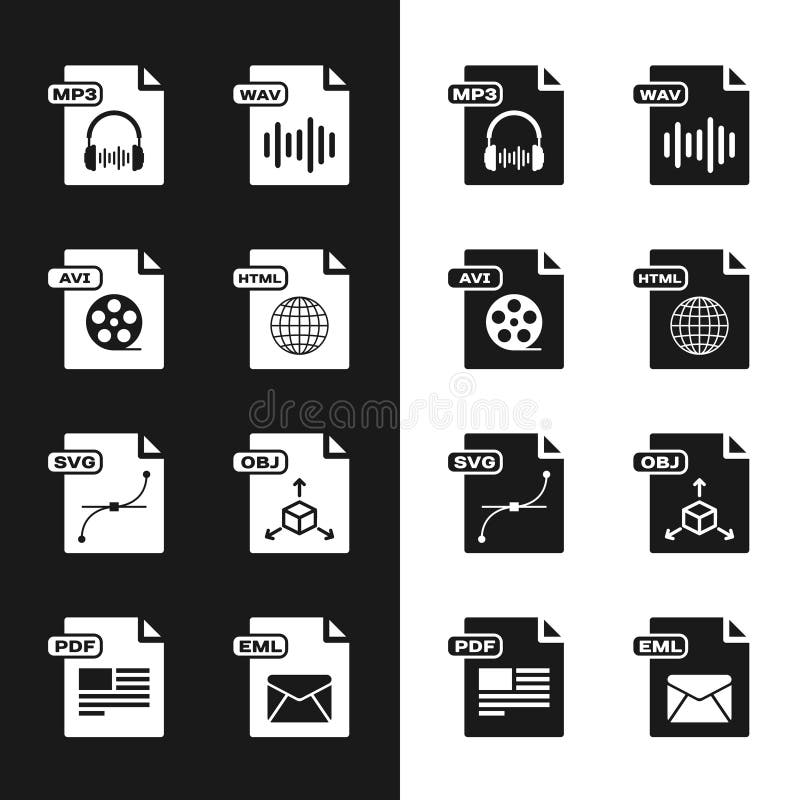 HTML-Datei-Dokument Avi Mp3 Wav Svg Obj Eml Und Pdf-Symbol. Vektor ... HTML-Datei-Dokument Avi Mp3 Wav Svg Obj Eml Und Pdf-Symbol. Vektor ...