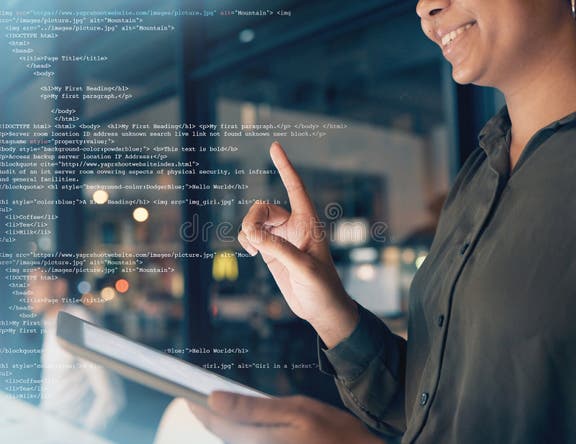 Html, Programming Overlay and Woman on Tablet for Internet, Coding and Network Online in Office ...