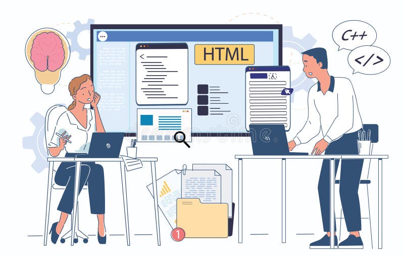 HTML Programming Teamwork Concept Scene. Vector Illustration Stock Illustration - Illustration ...