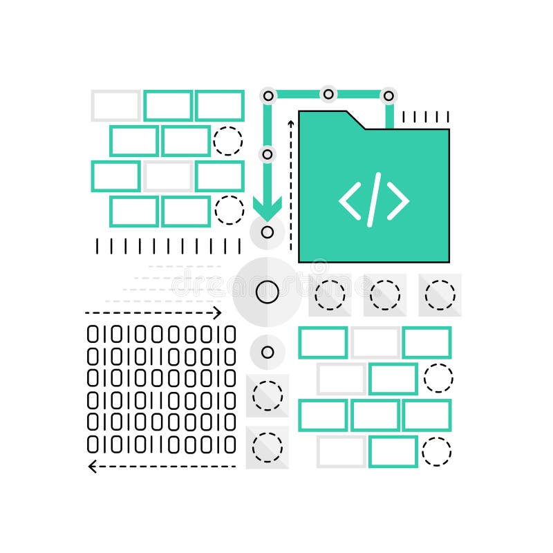 Website Development, Graphic and Content Design, Code and Creative Thinking Process Set Stock ...