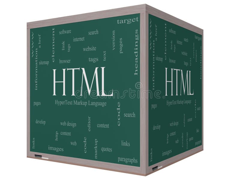 HTML Word Cloud Concept on a 3D Cube Blackboard Stock Illustration ...
