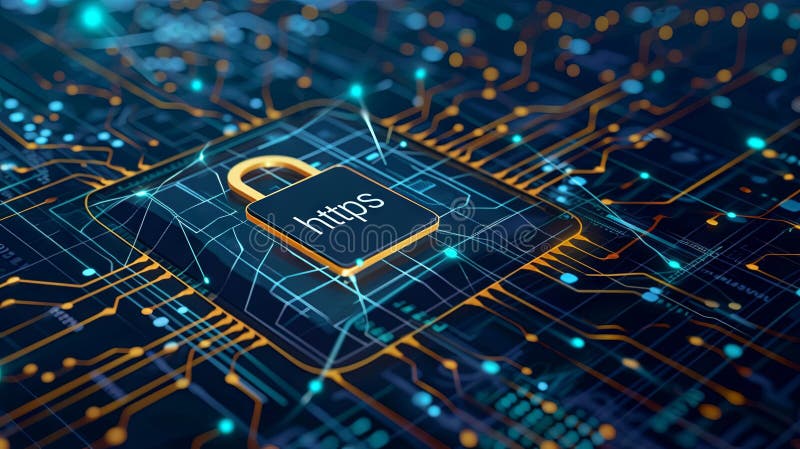 Https Sign on Padlock Icon on a Blue Circuit Board Background, SEO Term ...