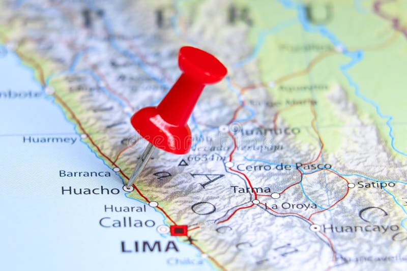 Huacho, Peru pin on map stock photo. Image of globe - 337474350