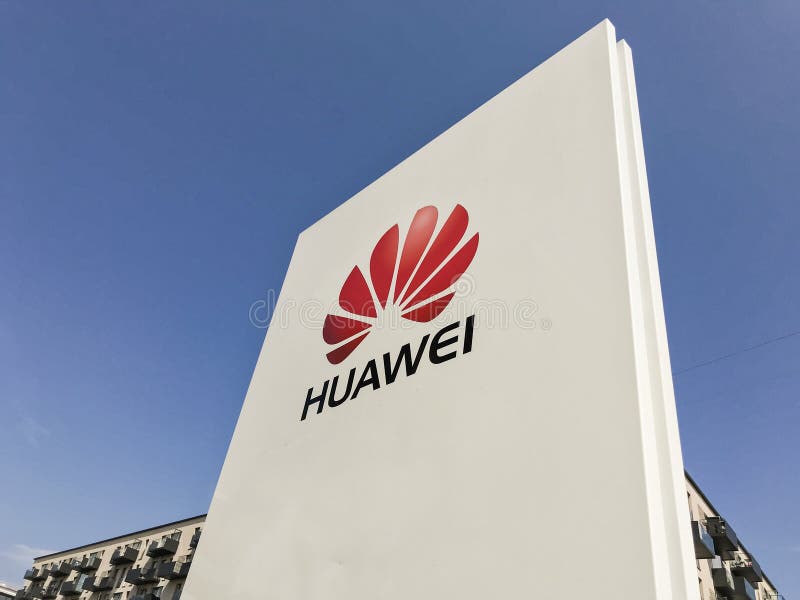 Huawei Logotype on White Panel Sign by Headquarters with Clear Blue Sky ...