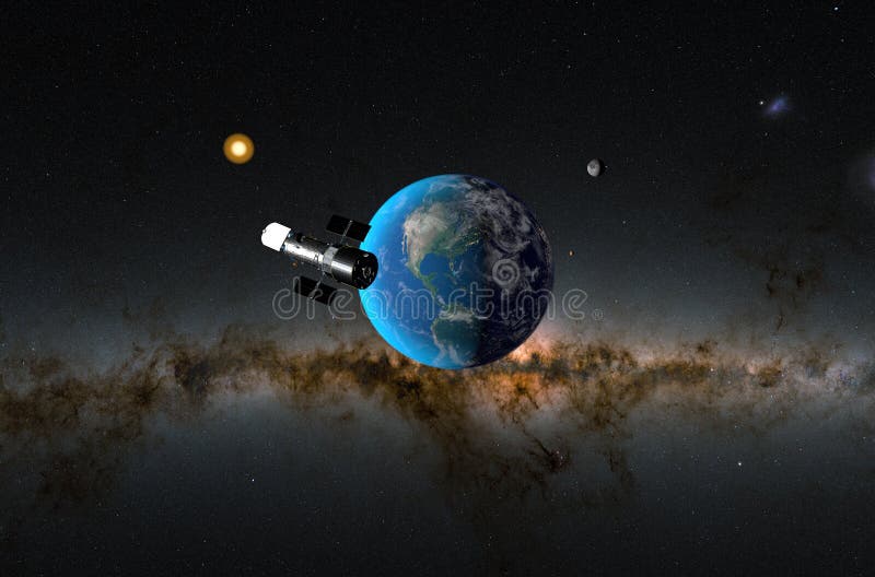 Hubble Space Telescope with Earth and Moon. in the Background: Venus ...
