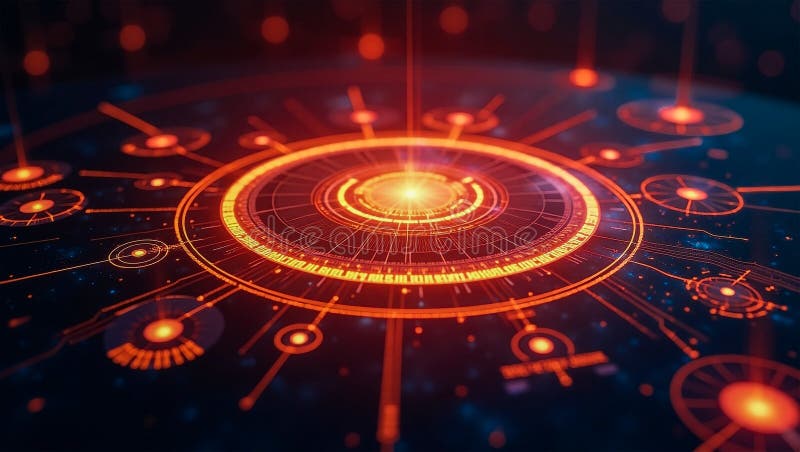 Hud Interface with Glowing Amber Network Core and Digital Data Nodes on ...