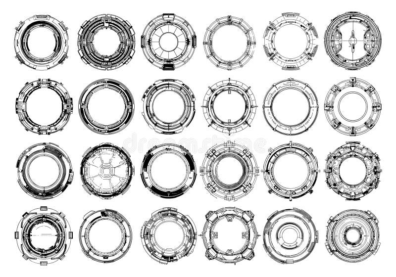 Hud Round Frames Ink Sketch Vector Set. Interface Spiral Geometric ...