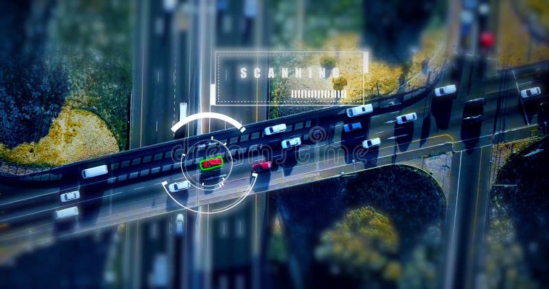 Hud, Surveillance and Safety with Car on Highway from Top View for ...