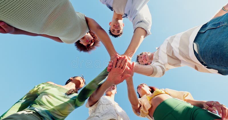 Huddle, Hands Together and Support with Low Angle of People for ...