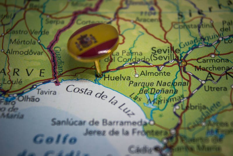 Huelva Pinned on a Map with Flag of Spain Stock Image - Image of flag ...