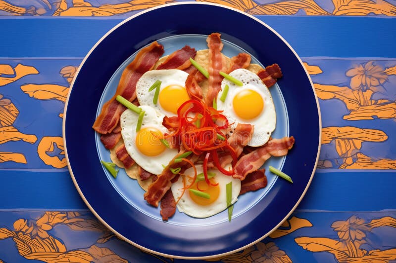 Huevos Rancheros with Crispy Bacon Strips on Blue Ceramic Plate Stock ...
