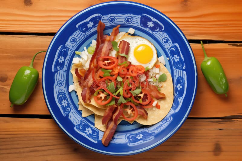 Huevos Rancheros with Crispy Bacon Strips on Blue Ceramic Plate Stock ...