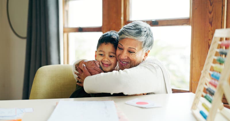 Hug, Grandma and Child in Home, Education and Learning with Abacus for ...