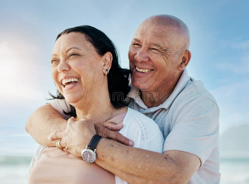 Hug Happy And Thinking Couple At Beach For Travel Vacation And At The