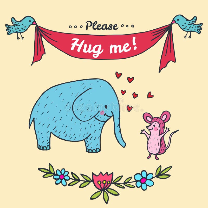Hug Me Card with Elephant and Hedgehog Stock Illustration ...