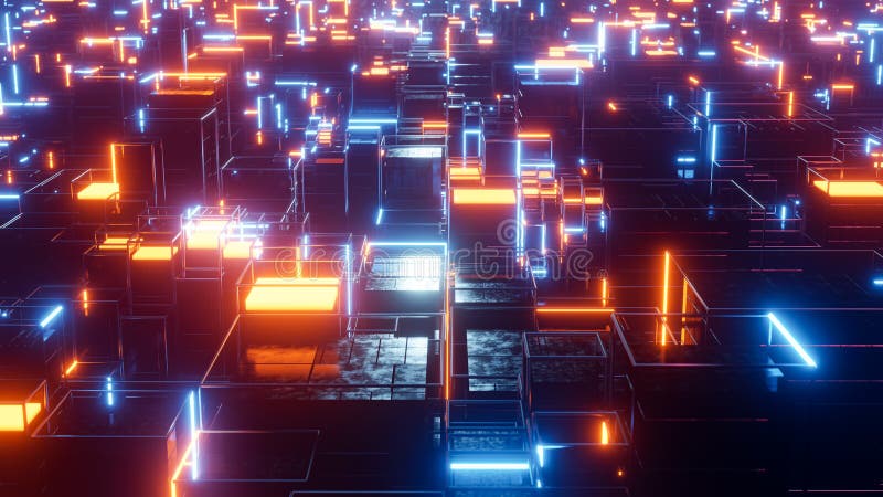 Huge Abstract Digital City with Orange and Blue Lights. 3D Rendering ...