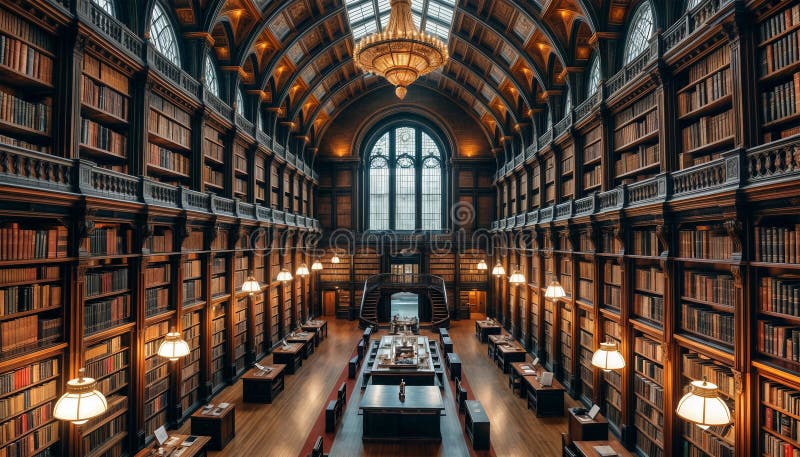 Huge Ancient Library. Large Reading Hall with Books Stock Illustration ...