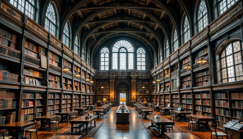 Huge Ancient Library. Large Reading Room with Books Stock Illustration ...