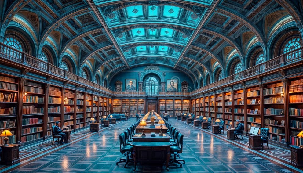 Huge Ancient Library. Reading Hall with Books Stock Illustration ...