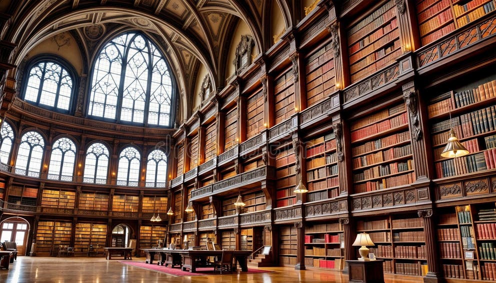 A Huge Ancient Library. Reading Hall Large Premises Stock Illustration ...