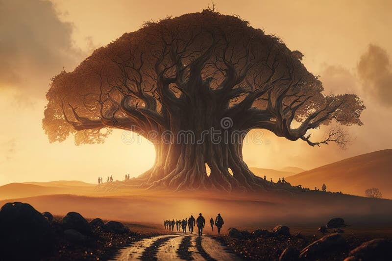 Huge Ancient Tree with Spreading Branches at Sunset. AI Generated Stock ...