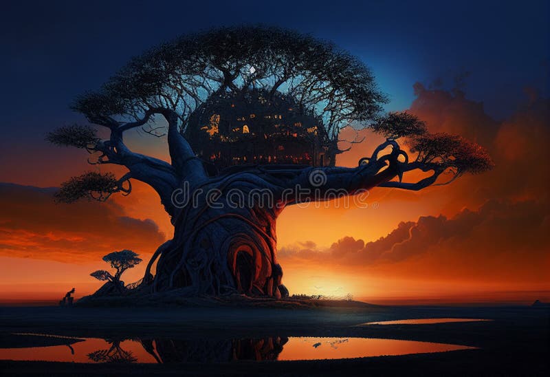 Huge Ancient Tree with Spreading Branches at Sunset. AI Generated Stock ...