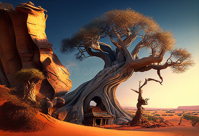 Huge Ancient Tree with Spreading Branches at Sunset. AI Generated Stock ...