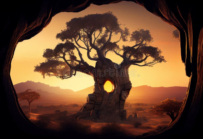 Huge Ancient Tree with Spreading Branches at Sunset. AI Generated Stock ...