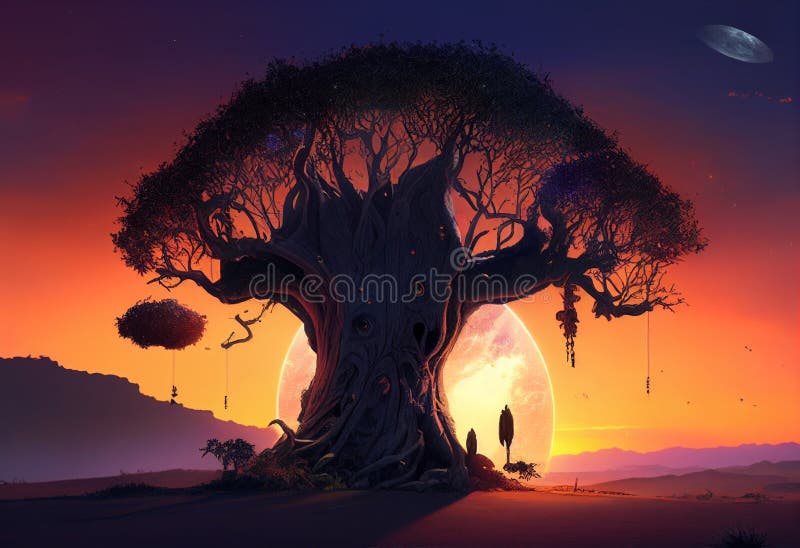 Huge Ancient Tree with Spreading Branches at Sunset. AI Generated Stock ...