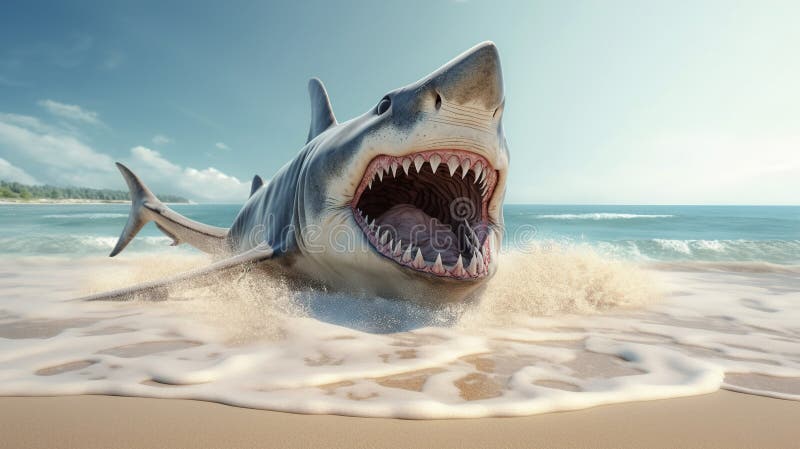 Huge Angry Shark on the Seashore. Stock Illustration - Illustration of ...