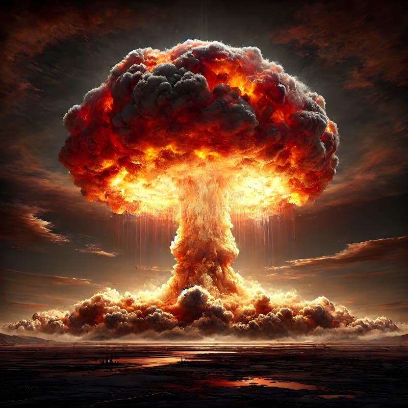 Huge Atomic Bomb Exploding Over Desolated Landscape Stock Illustration ...