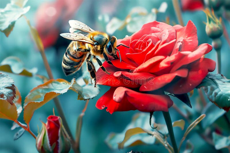 Huge Bee Pollinates a Red Rose Stock Photo - Image of nature, pollen ...