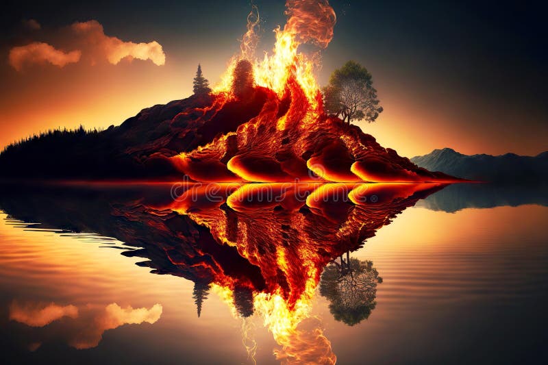 Huge Blaze Fire Flame on Shore are Reflected in Water Stock ...