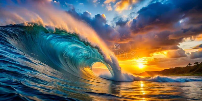 Huge Blue Wave Cresting Under a Golden Sunset Stock Illustration ...
