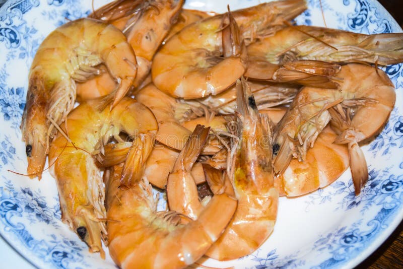 Huge Boiled Red King Prawns Lie on Blue Plate Dish Stock Photo - Image ...