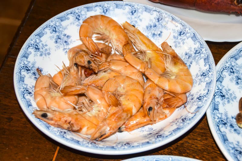 Huge Boiled Red King Prawns Lie on Blue Plate Dish Stock Image - Image ...