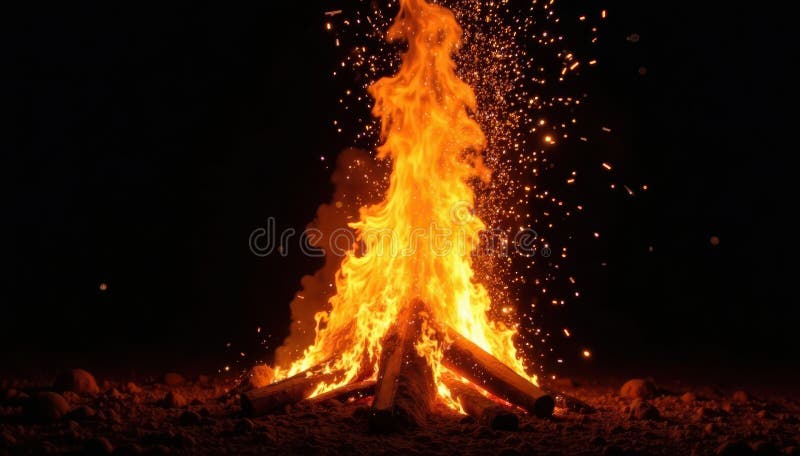 Huge Bonfire Crackles, Intense Sparks Shower, Black Backdrop, Dark ...