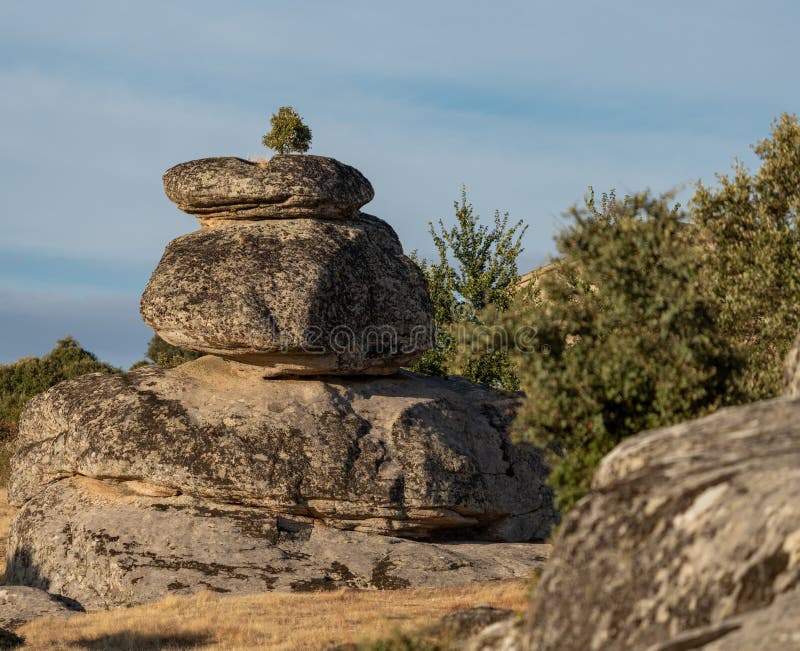 Huge Boulder with Tree on Top, Long Shot Stock Image - Image of rock ...