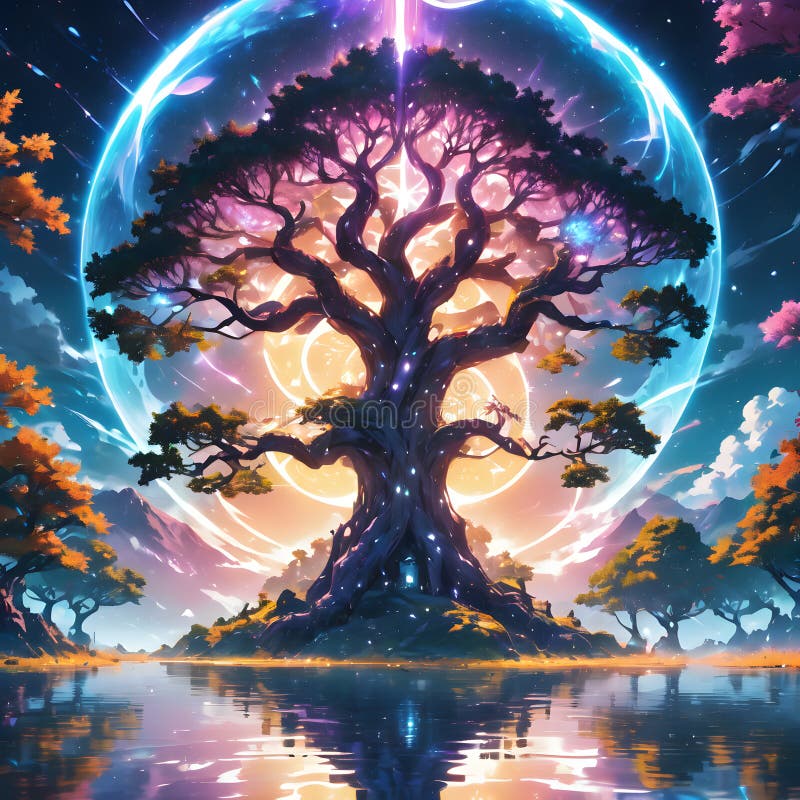 Huge Branched Tree of Life Yggdrasil, Protected by a Blue Magical ...