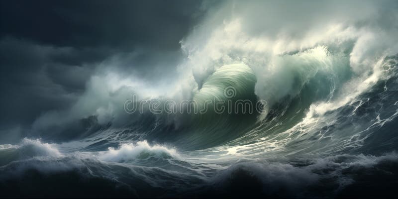 Huge Breaking Wave Under Stormy Sky Stock Illustration - Illustration ...