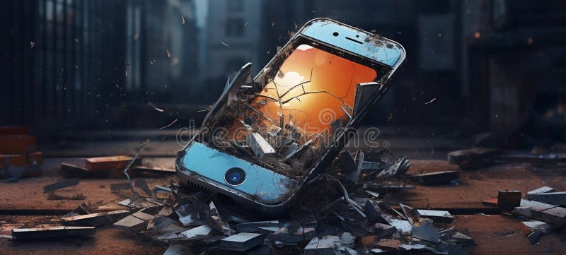 A Huge Broken Mobile Phone, Screen Shattering Explosion Stock ...