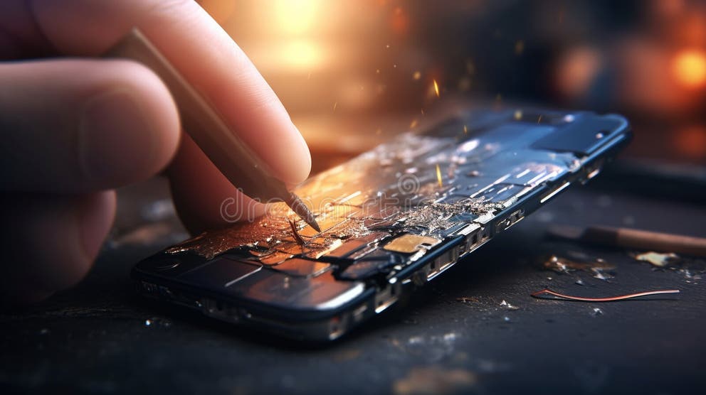 A Huge Broken Mobile Phone, Screen Shattering Explosion Stock ...