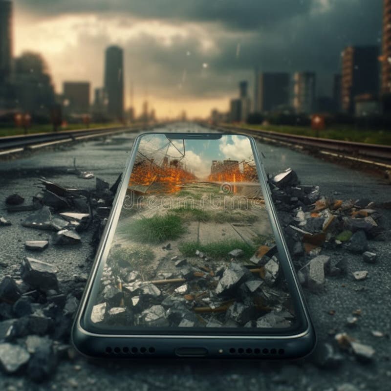 A Huge Broken Mobile Phone, Screen Shattering Explosion Stock ...